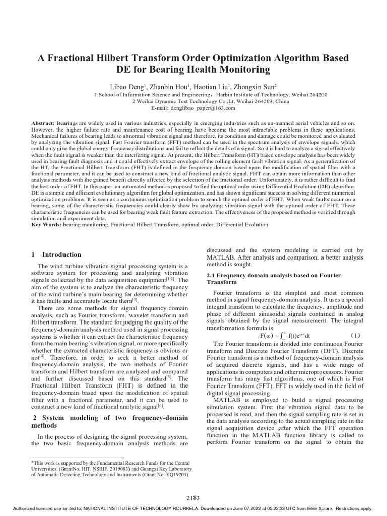 A Fractional Hilbert Transform Order Optimization Algorithm Based De For Bearing Health