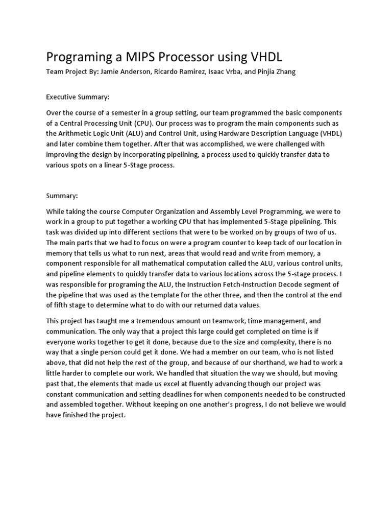 Project Programing A Mips Processor Using Vhdl Pdf Central Processing Unit Computer 