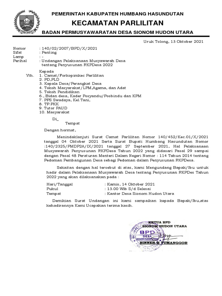 UNDANGAN RKPDes 2022 | PDF | Griya & Taman