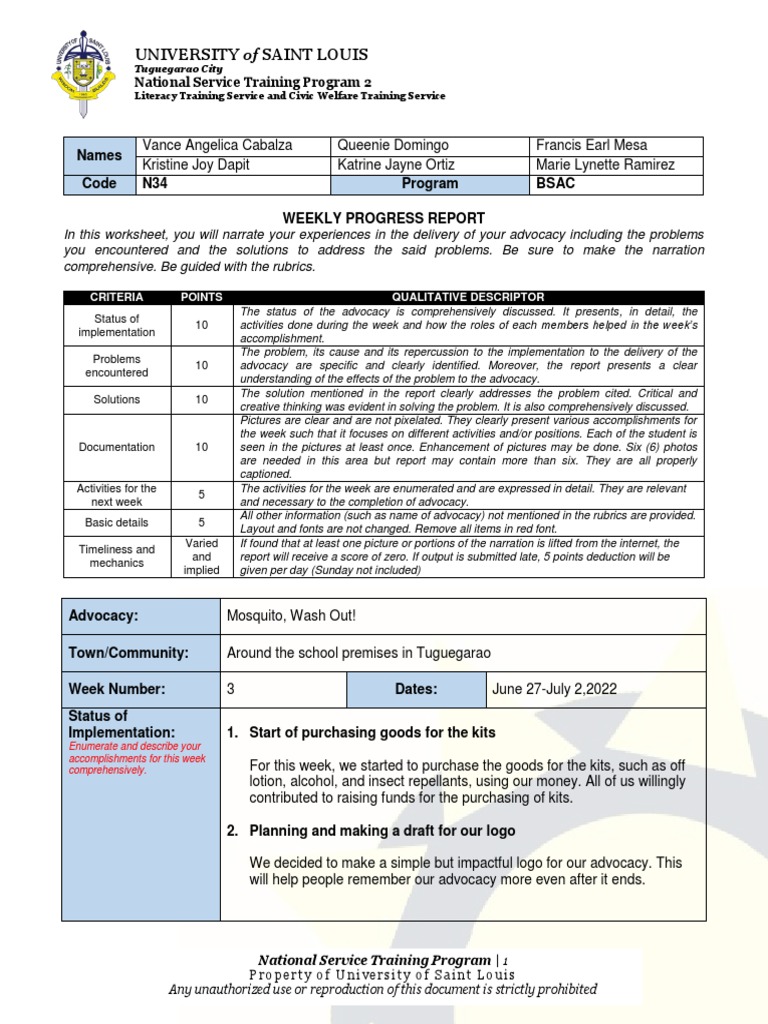 NSTP Weekly - 3 Progress Report | PDF