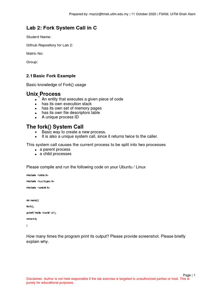 Lab 2 - Fork System Call | PDF | Software | Operating System Technology