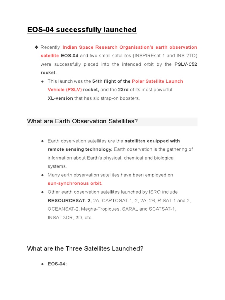 EOS-04 Successfully Launched | Download Free PDF | Satellite | Bodies Of The Solar System