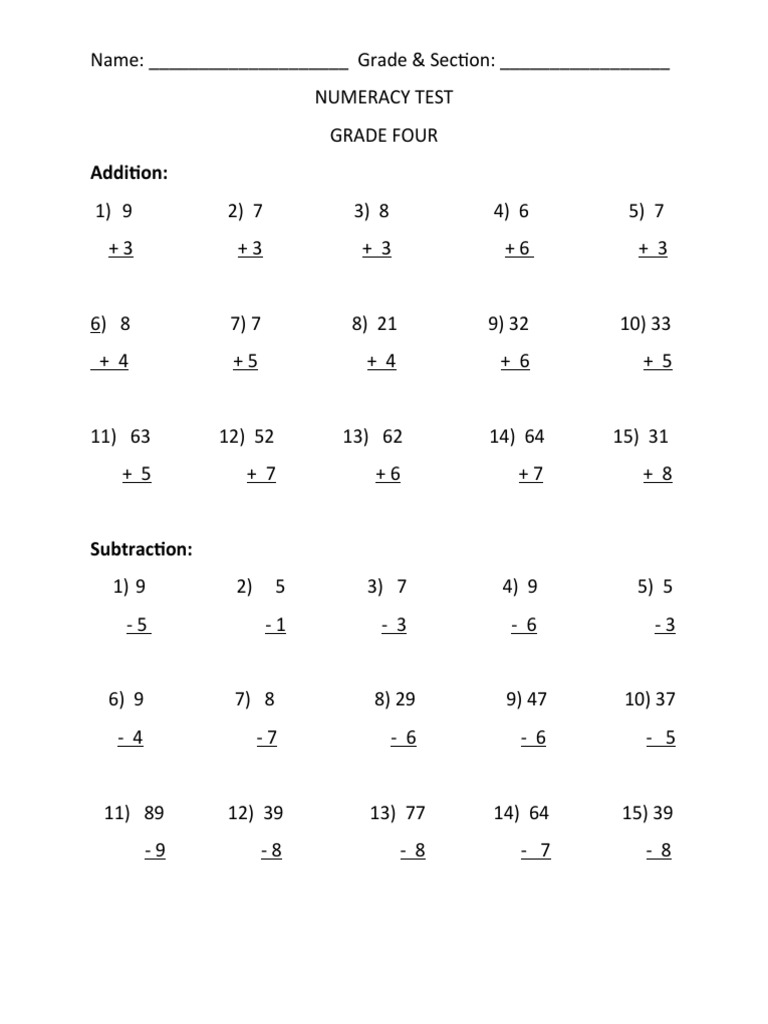 Numeracy-Test Grade 4 | PDF
