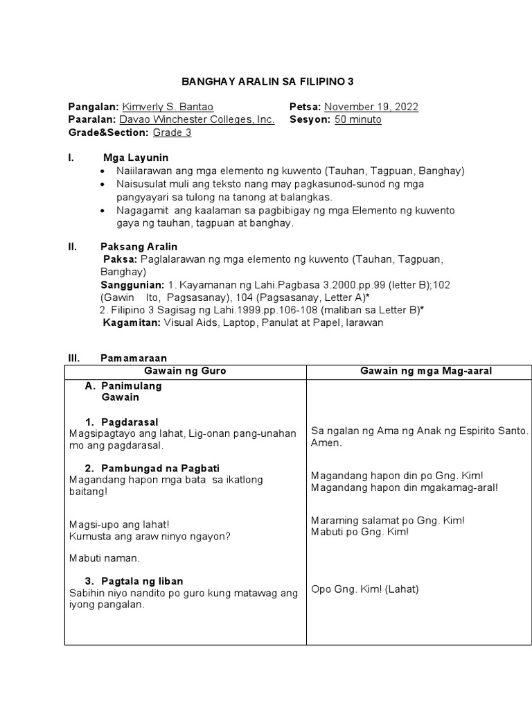 Banghay Aralin Sa Filipino 3 | PDF