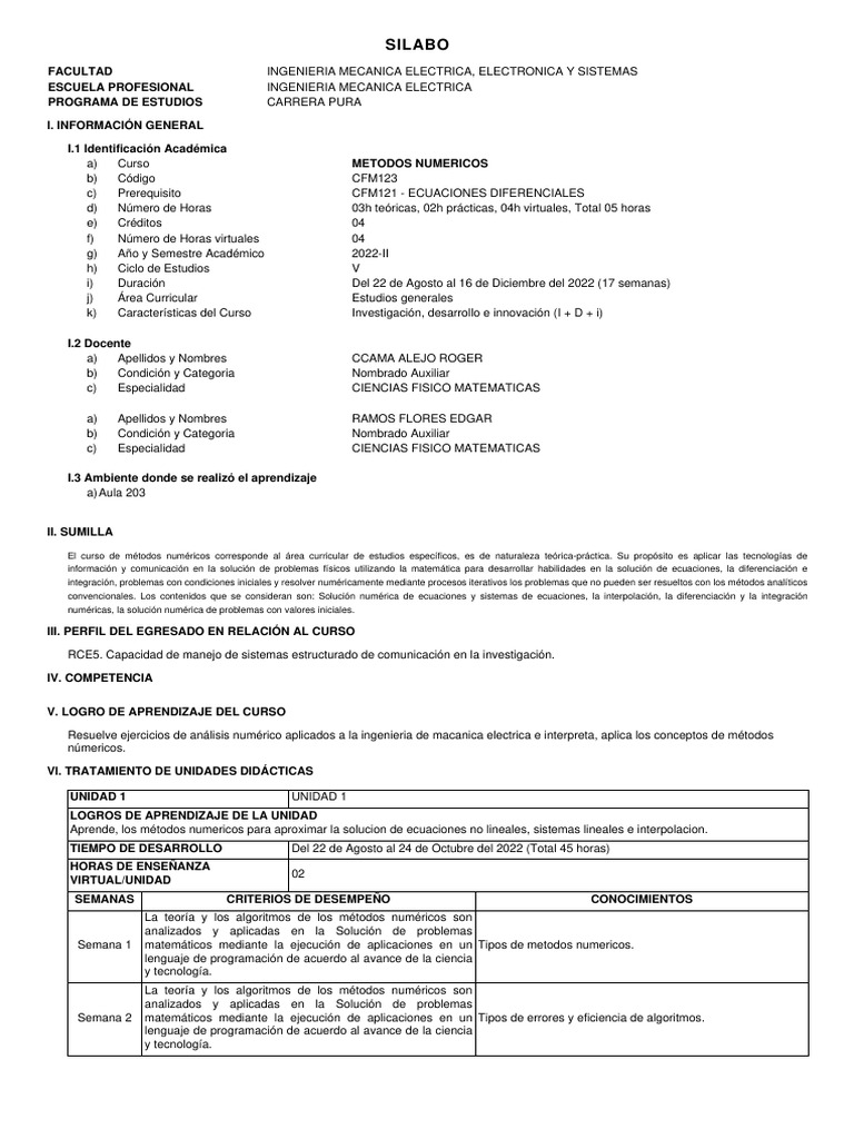 Silabo Metodos Numericos | PDF | Análisis numérico | Matemáticas