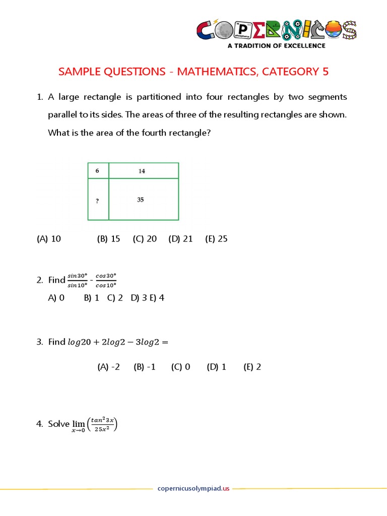 Sample Questions Mathematics Category 5 | PDF | Area | Rectangle