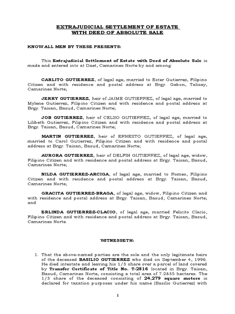 EXTRAJUDICIAL SETTLEMENT AND PARTITION OF ESTATE WITH DEED OF ABSOLUTE ...