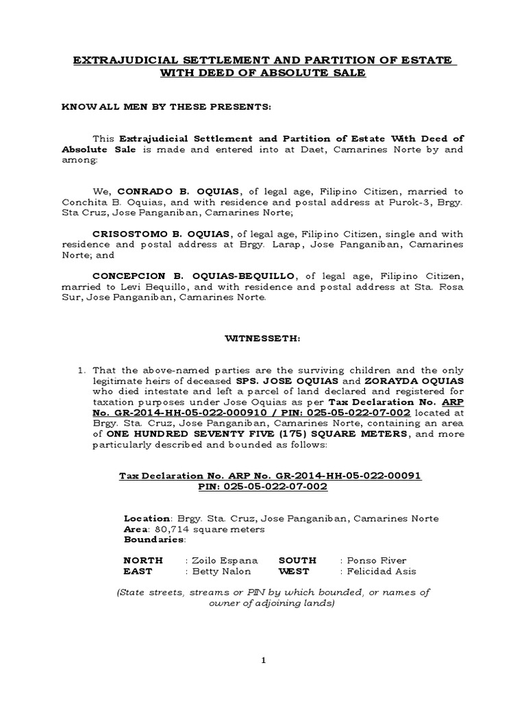 ADDENDUM TO EXTRAJUDICIAL SETTLEMENT - Oquias | PDF | Deed | Civil Law ...