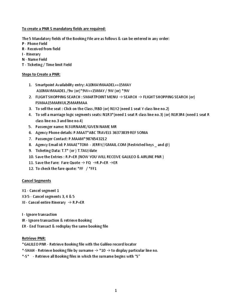 Galileo PNR Creation Guide | PDF | Aviation | Transport Companies