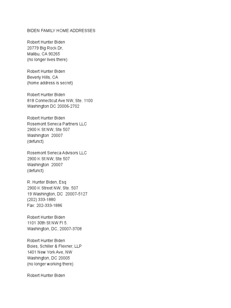 Biden Family Home Addresses List | PDF | Political Families Of The ...
