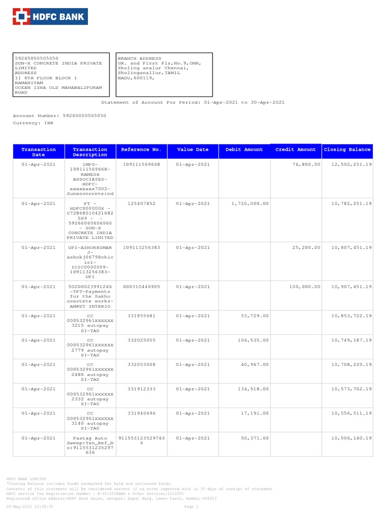 HDFC Bank Statement Apr'21 - June'21 | PDF | Debits And Credits | Banks
