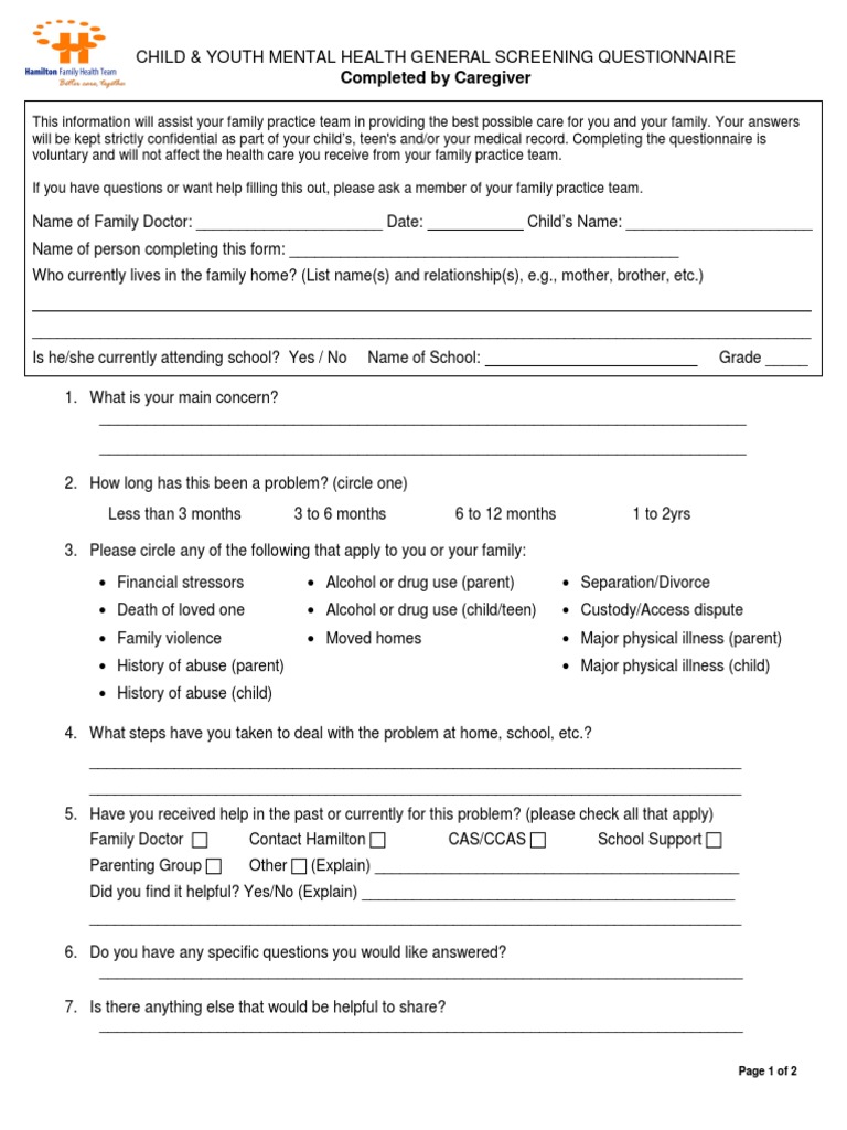 Caregiver General Screening Questionnaire | PDF | Attention Deficit ...