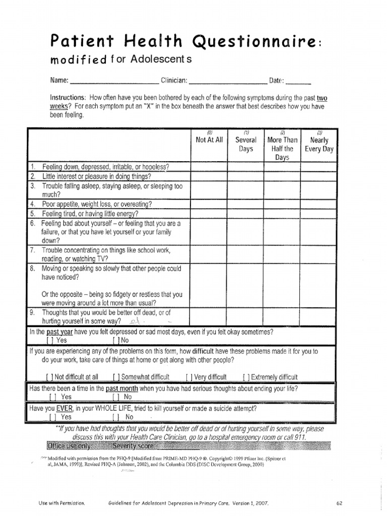 Adolescent Psychological Diagnostics - PHQ | PDF
