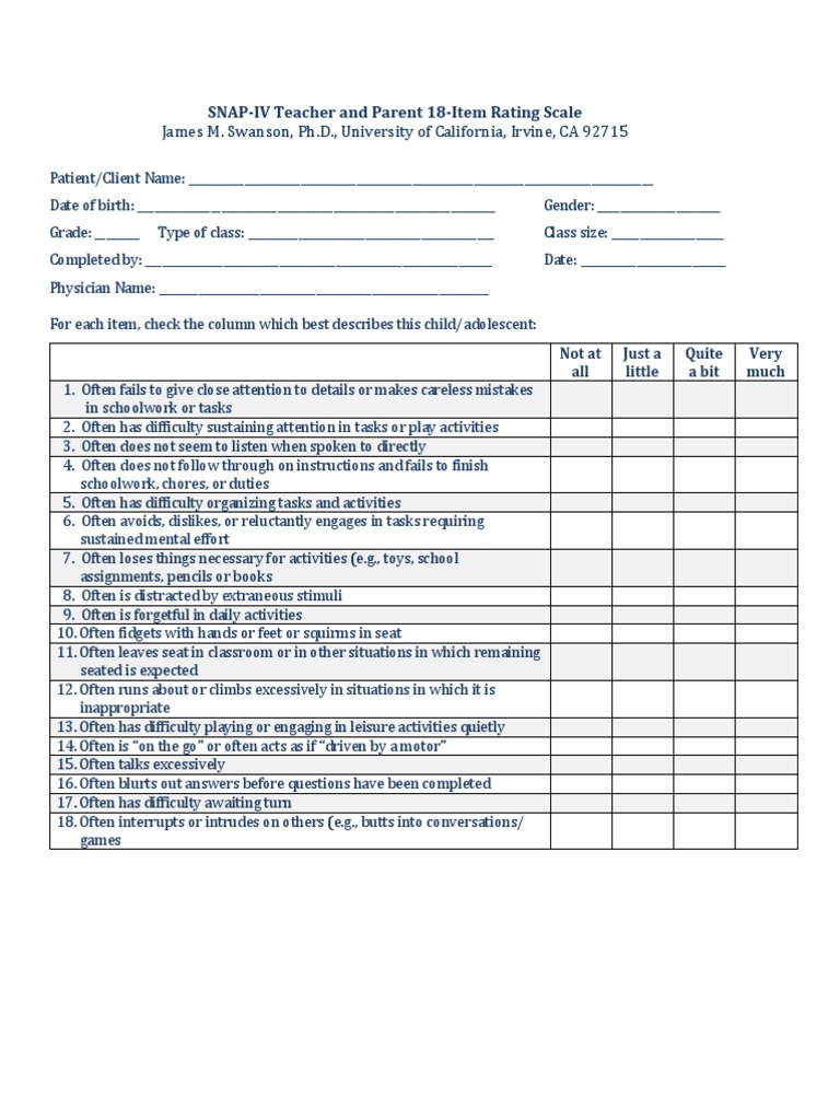 SNAP-IV ADHD Rating Scale Guide | PDF | Attention Deficit Hyperactivity ...