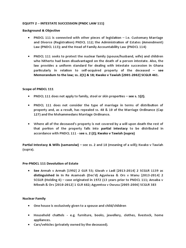 Protecting Families on Intestacy: PNDC Law 111 | PDF | Intestacy | Will ...