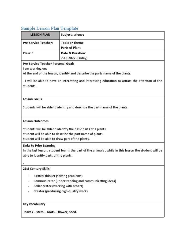 Lesson Plan Science (Parts of The Plant) | PDF | Educational Assessment ...