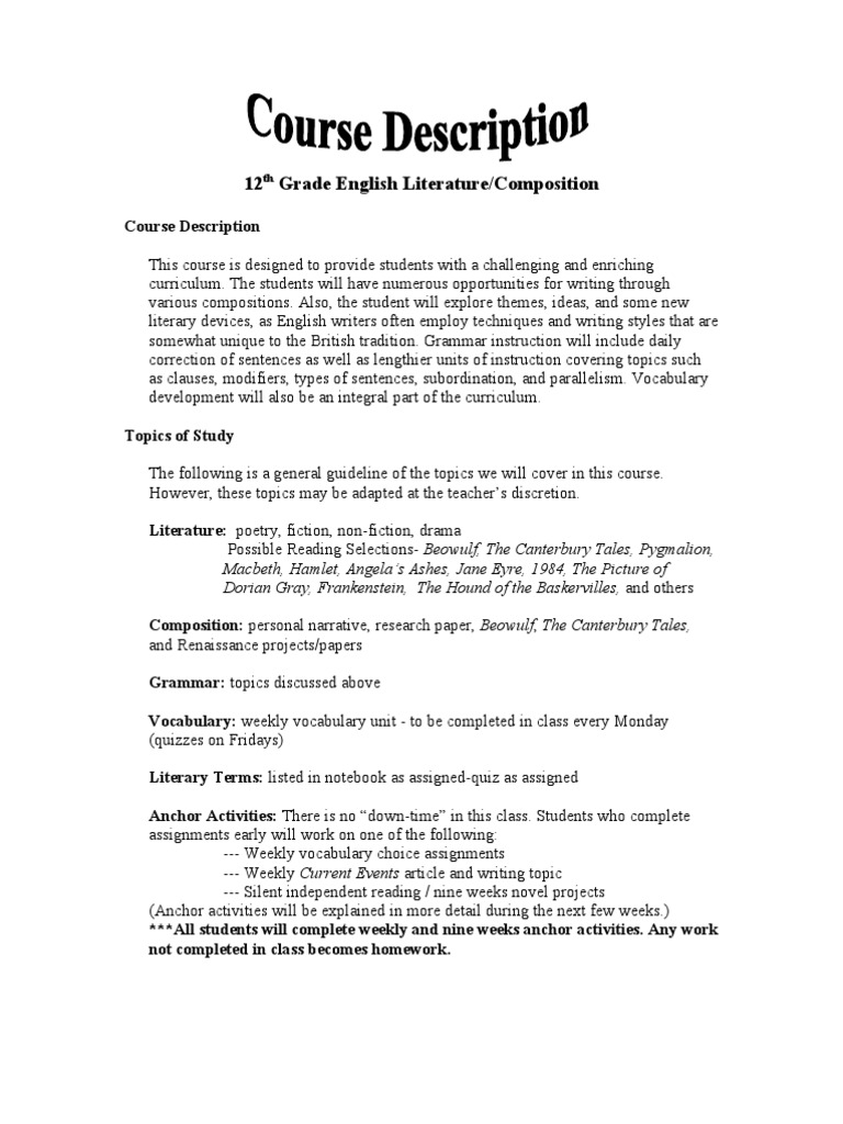 12th Grade English Literature | PDF | Homework | Test (Assessment)