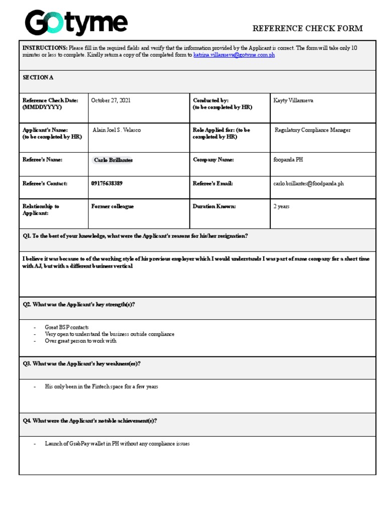 GOtyme Reference Check Form | PDF | Leadership | Behavioural Sciences