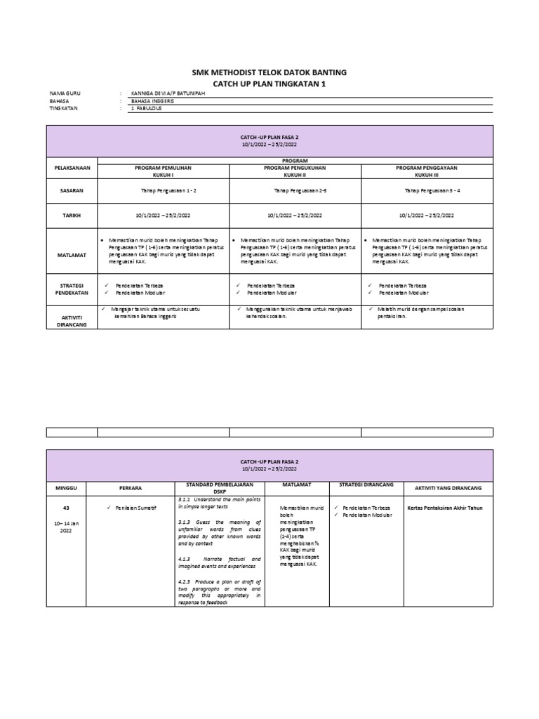 CATCH UP PLAN Form 1 F | PDF