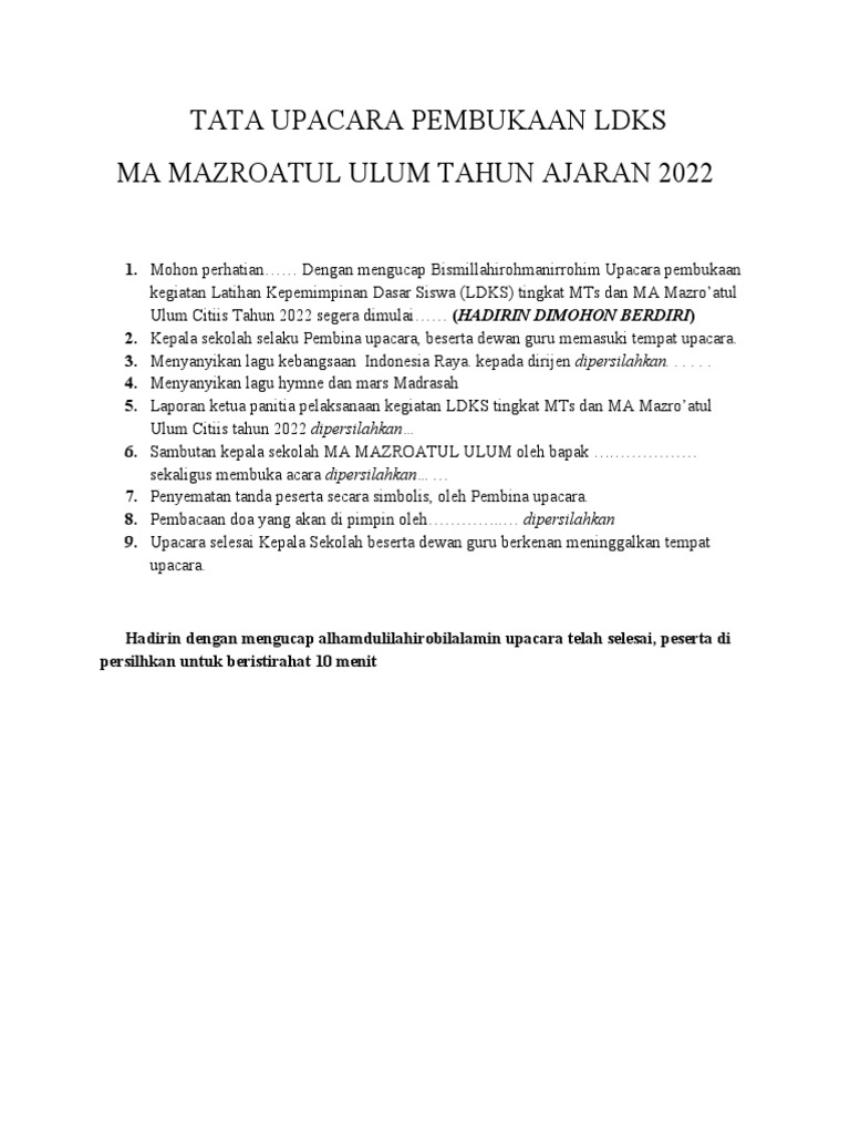 Tata Upacara Pembukaan LDKS 2022 | PDF