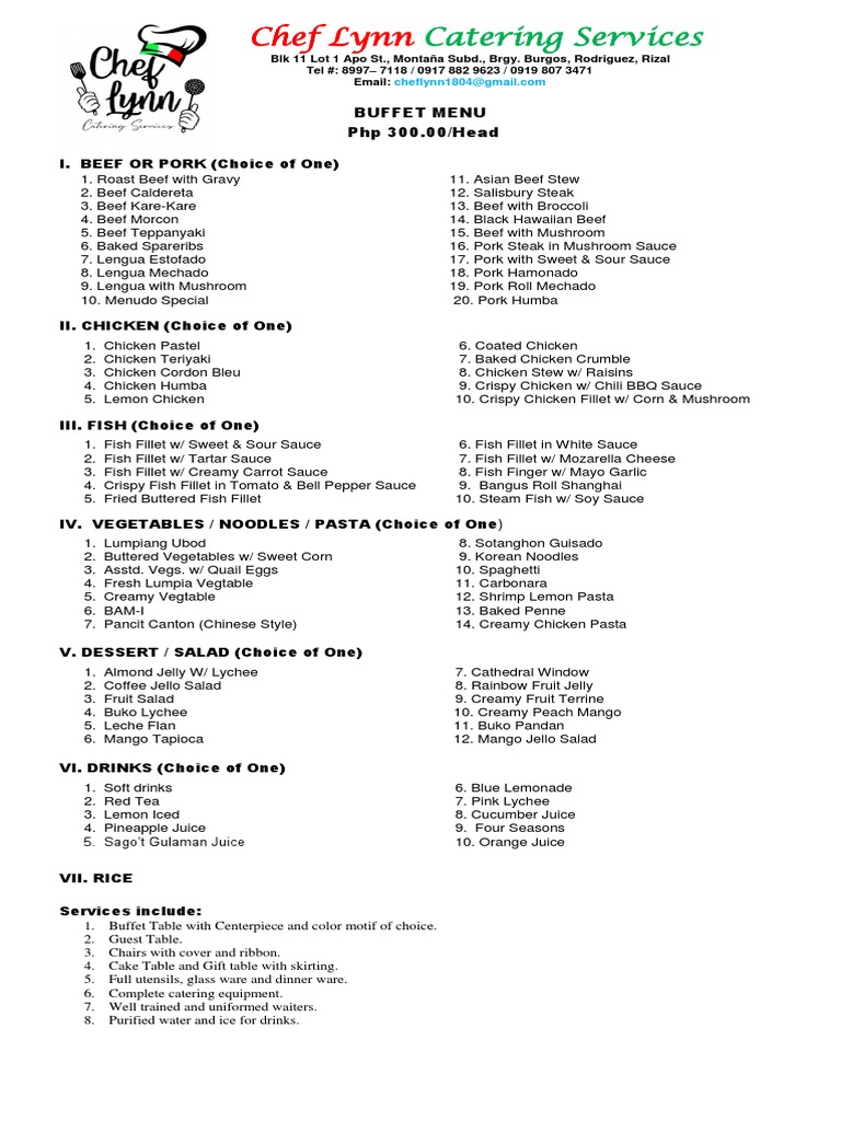 Chef Lynn's 300-Peso Buffet Menu | PDF | Food Ingredients | Western Cuisine