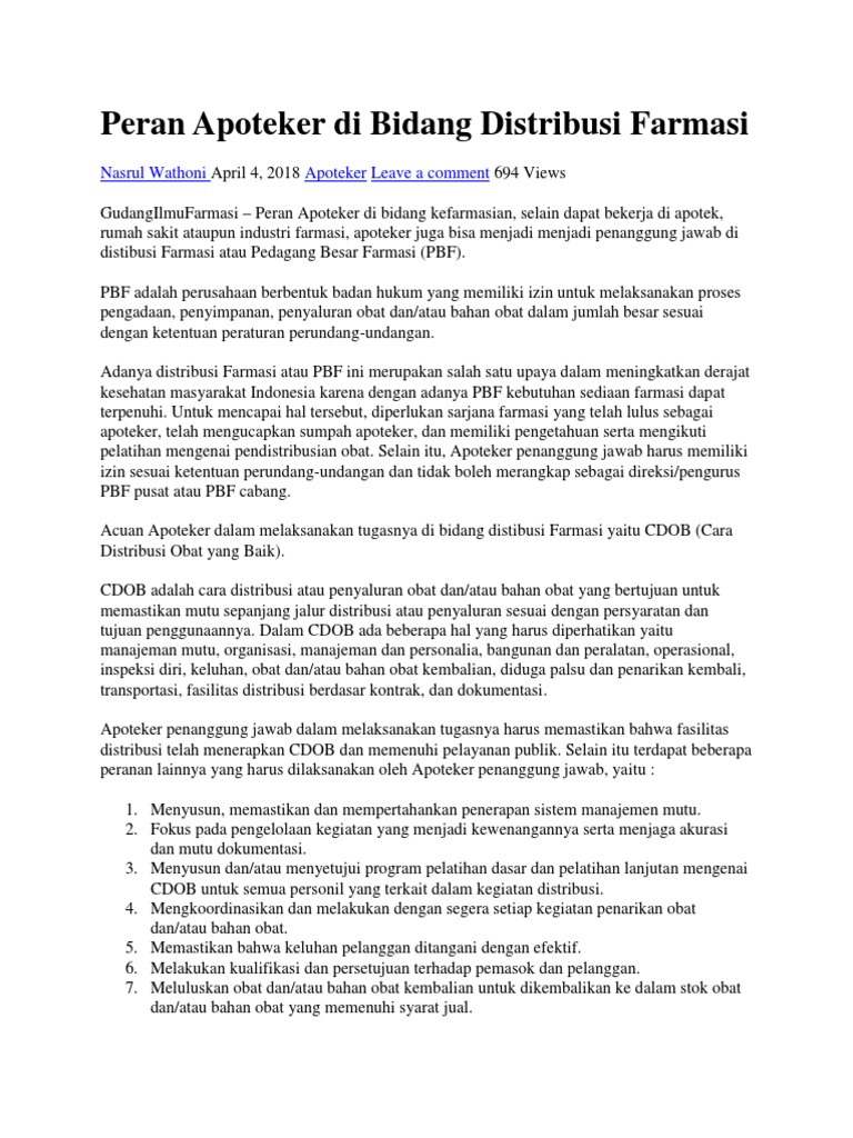 Peran Apoteker Di Bidang Distribusi Farmasi | PDF | Pengembangan Diri ...