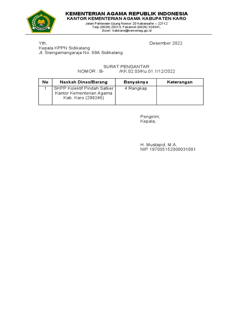 Surat Pengantar SKPP Kemenag Karo | PDF