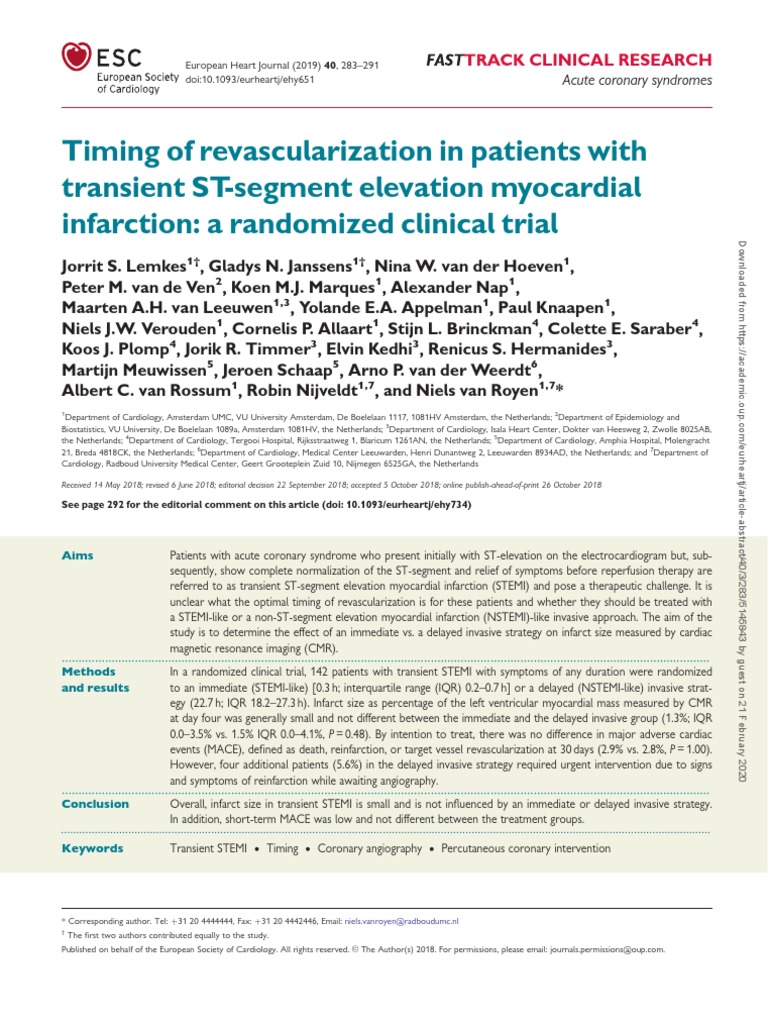 Timing of Revascularization in Patients With Transient ST Segment ...
