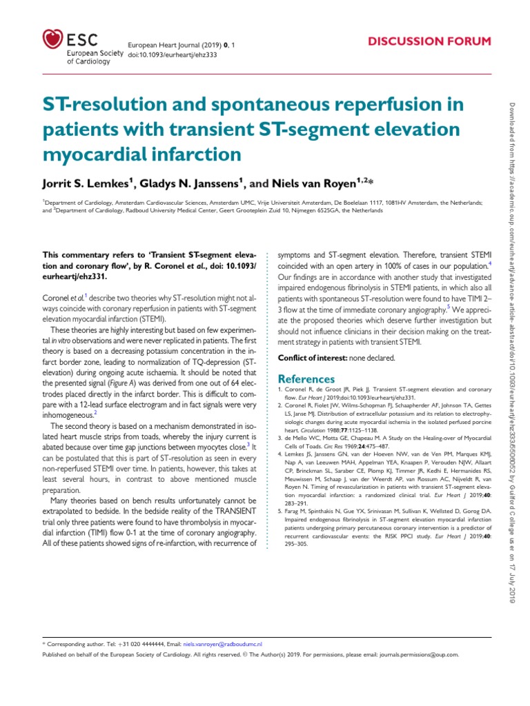 ST-resolution and Spontaneous Reperfusion in Patients With Transient ST-segment Elevation ...