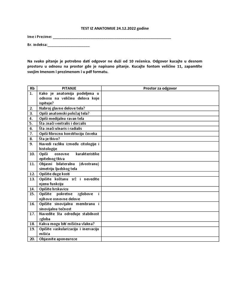 TEST IZ ANATOMIJE 24.12.2022 Godine | PDF