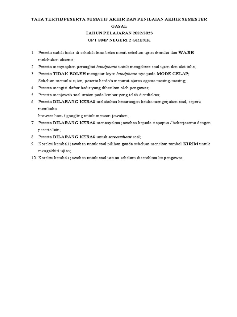Tata Tertib Peserta Sumatif Akhir Dan Penilaian Akhir Semester Gasal | PDF