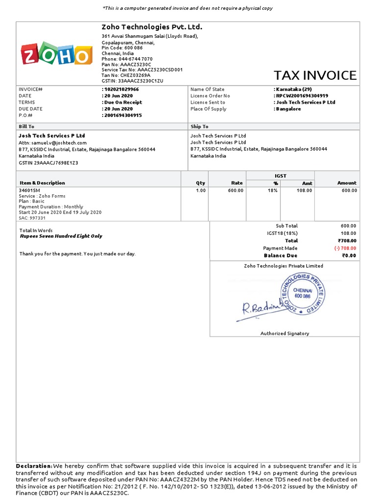 Tax Invoice: Zoho Technologies Pvt. LTD | PDF | Invoice | Economies