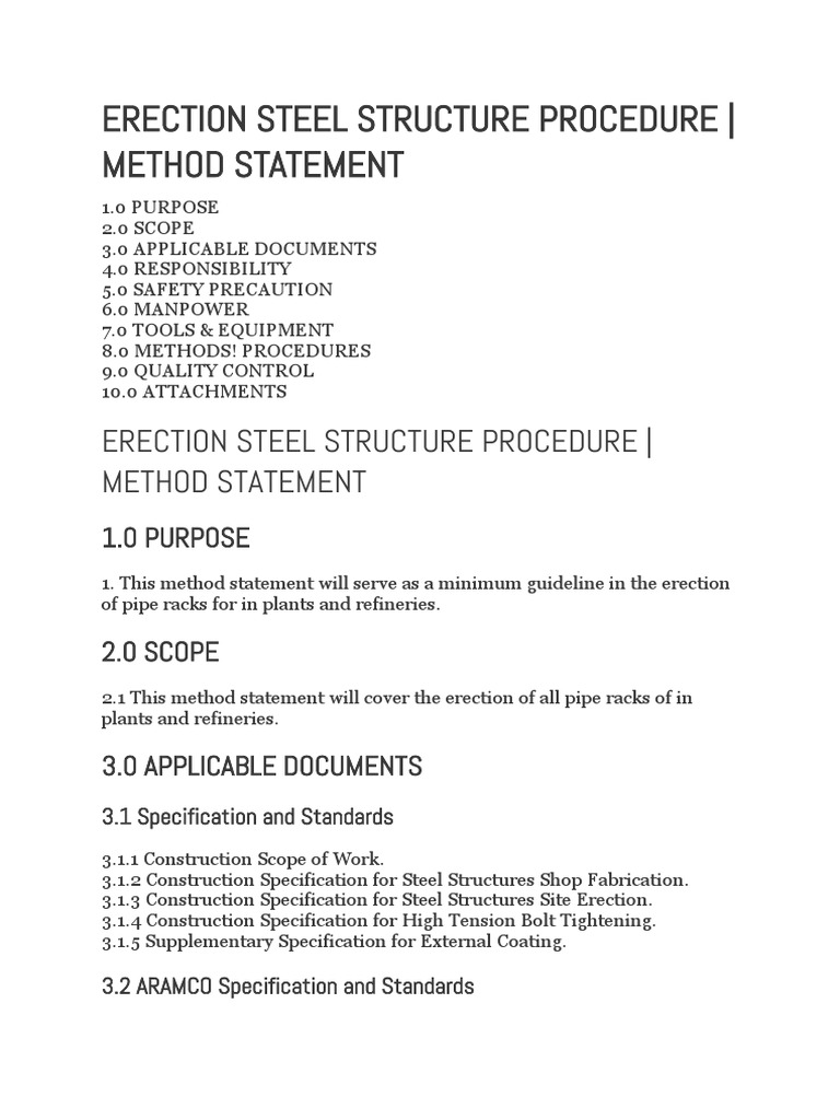 Erection Steel Structure Procedure - Method Statement | PDF | Screw | Specification (Technical ...