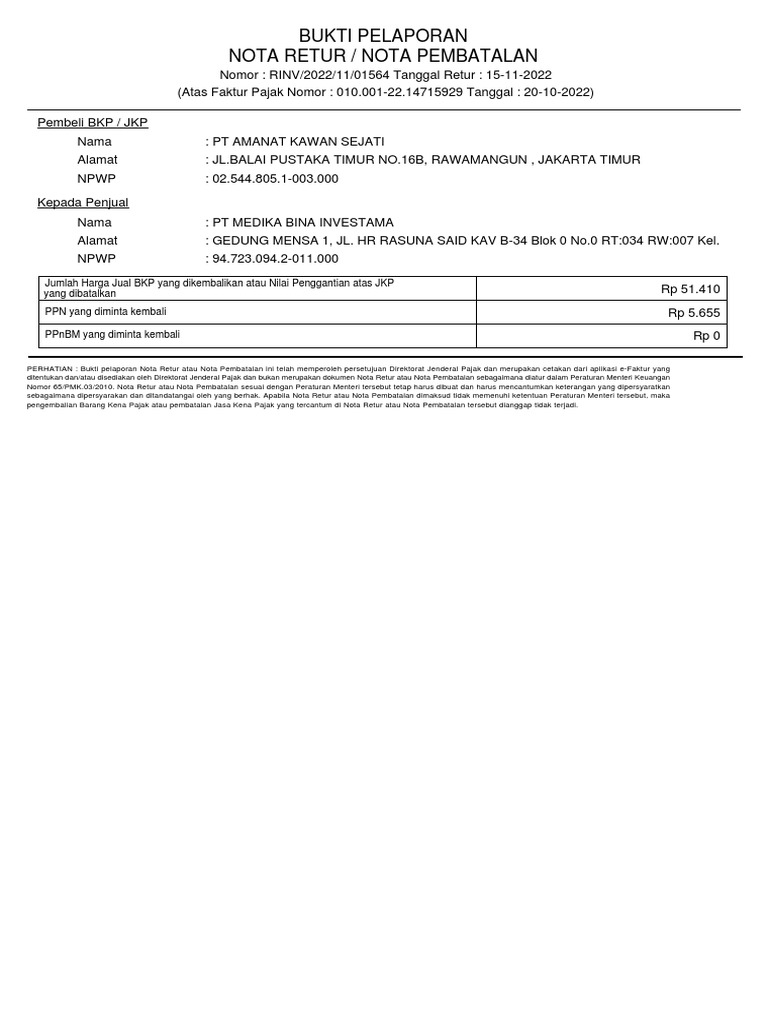 Bukti Pelaporan Nota Retur / Nota Pembatalan | PDF
