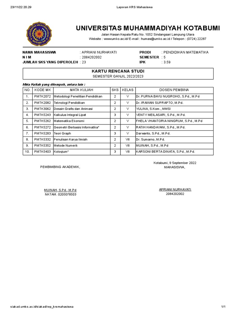 Laporan KRS Mahasiswa | PDF