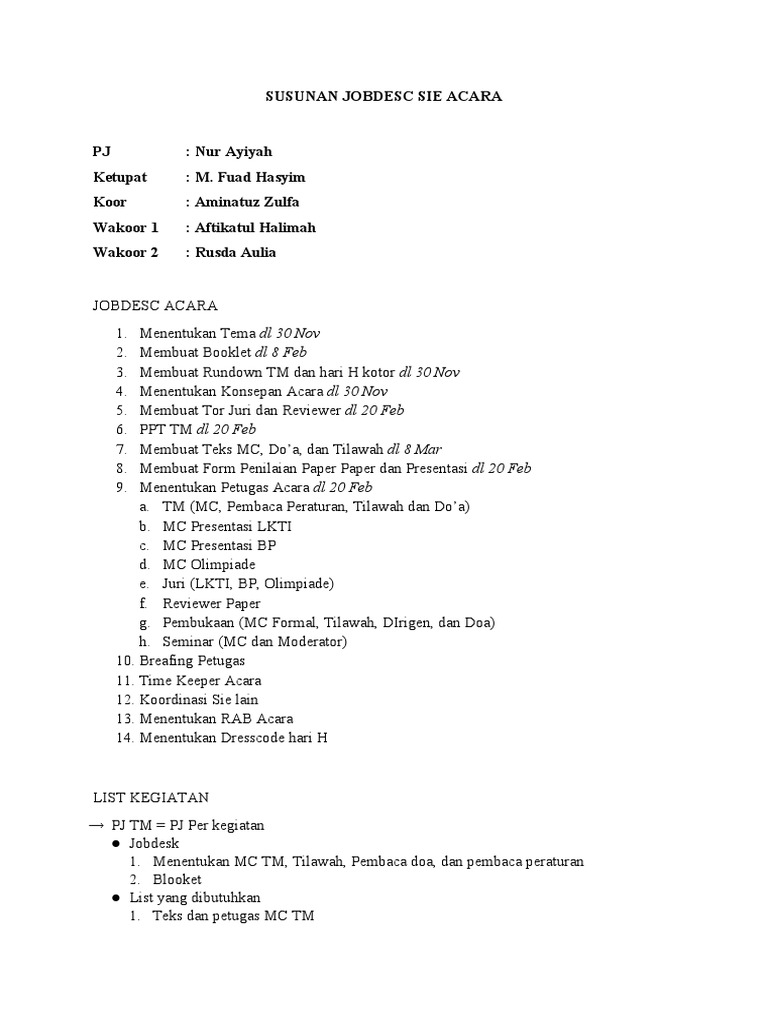 Susunan Jobdesc Sie Acara - Temilreg 2023 - Fix | PDF