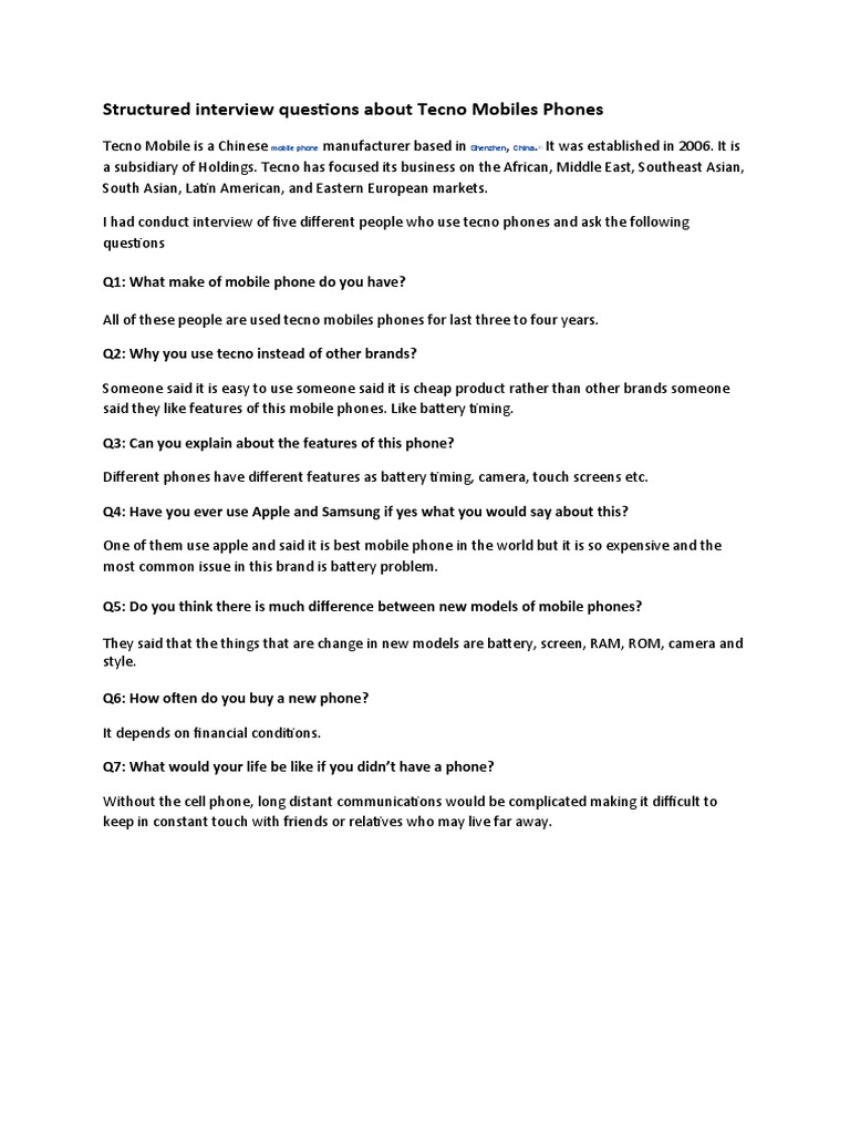 Structured Interview Questions About Tecno Mobiles Phones | PDF