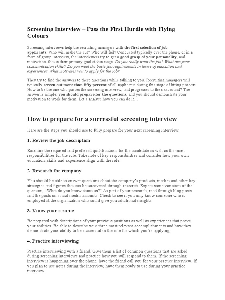 Screening Interview NOTES | PDF | Motivation | Motivational