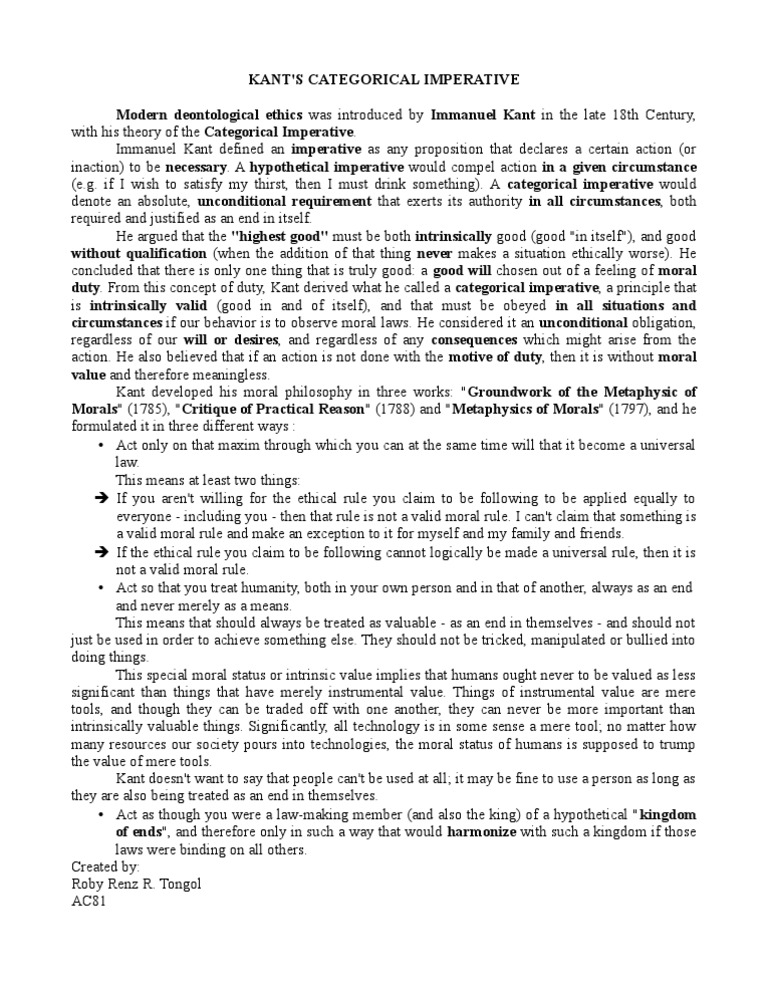 Kant's Categorical Imperative | PDF | Immanuel Kant | Social Institutions