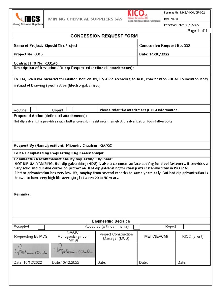 Concession Request | PDF | Galvanization | Economic Sectors