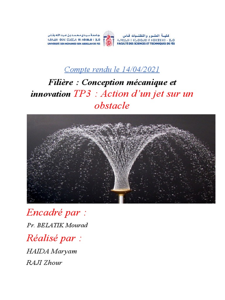 TP3: Action D'un Jet Sur Un Obstacle: Filière: Conception Mécanique Et ...
