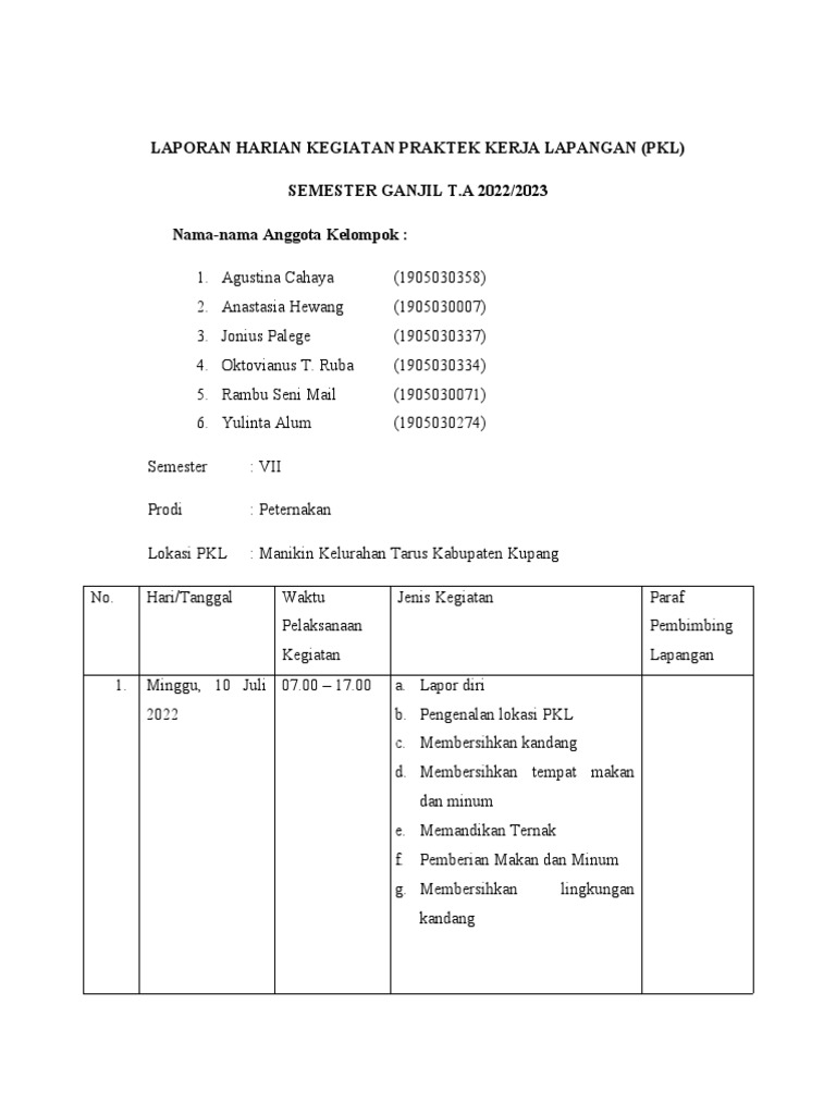 Laporan Harian Kegiatan Praktek Kerja Lapangan (PKL) | PDF Laporan Harian Kegiatan Praktek Kerja Lapangan (PKL) | PDF