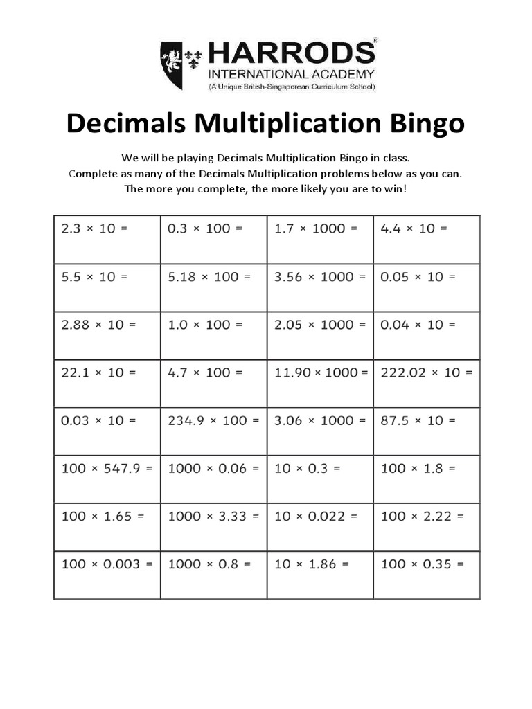 1 - Decimals Multiplication Bingo | PDF