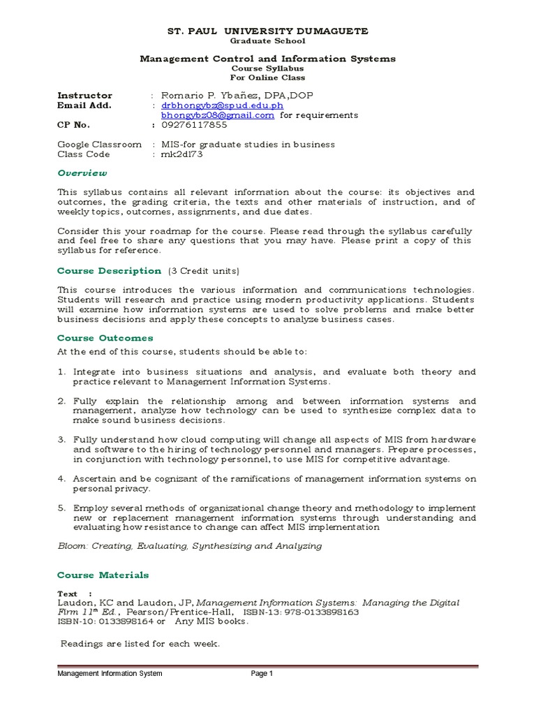 MIS Course Syllabus Overview | PDF | Management Information System ...