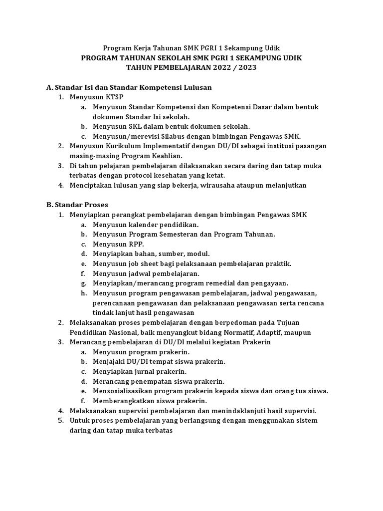 Program Kerja Ks SMK Pgri | PDF