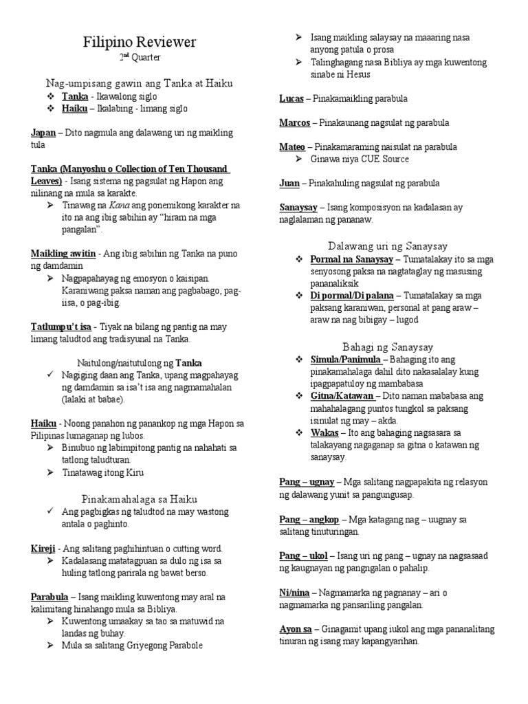 Filipino Reviewer 2nd Quarter | PDF