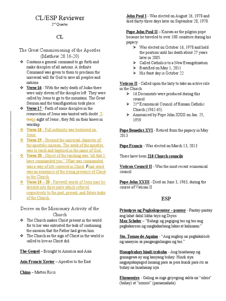 CL ESP Reviewer 2nd Quarter | PDF | Catholic Church | Pope