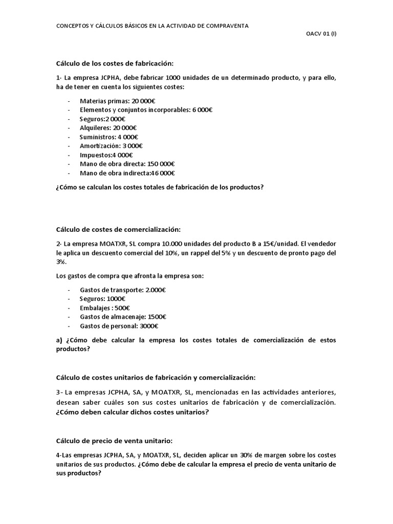 Cálculos Básicos en La Actividad de Compraventa (I) | PDF | Factura | Precios
