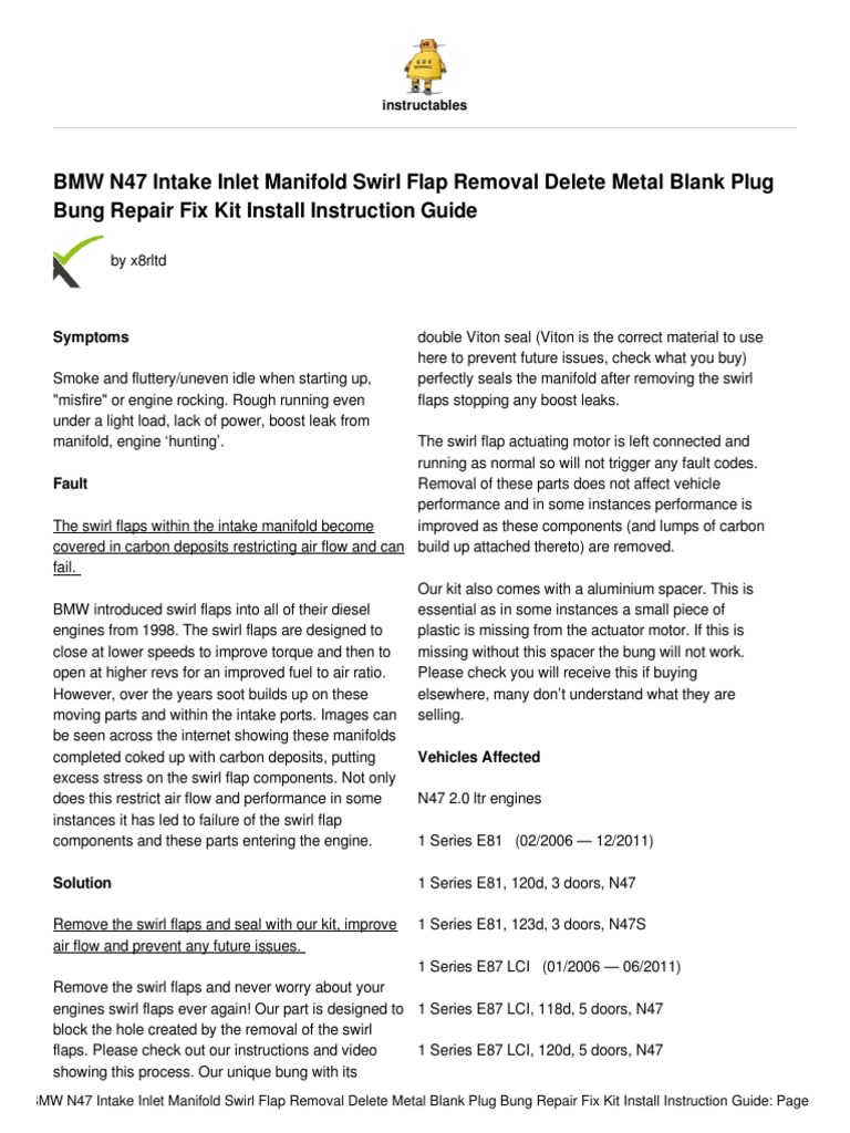 BMW N47 Intake Inlet Manifold Swirl Flap Removal Delete Blanking ...