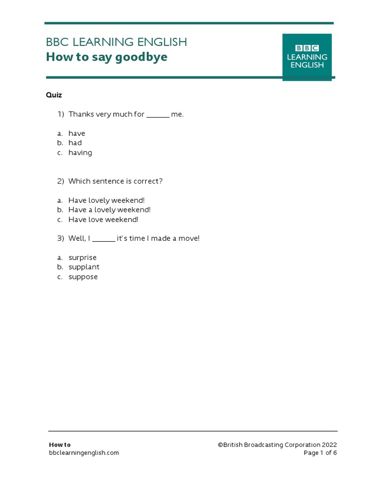 How To Say Goodbye Worksheet | PDF